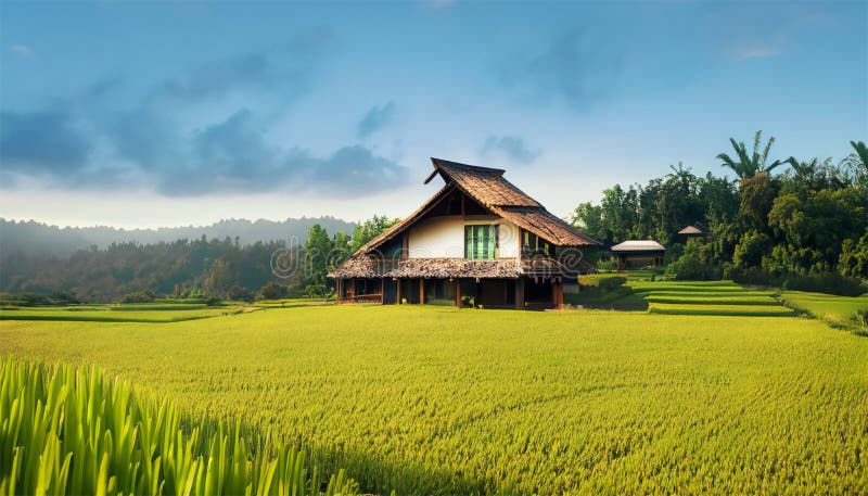 Landscape Rice Field with House. AI Generated Stock Image - Image of ...