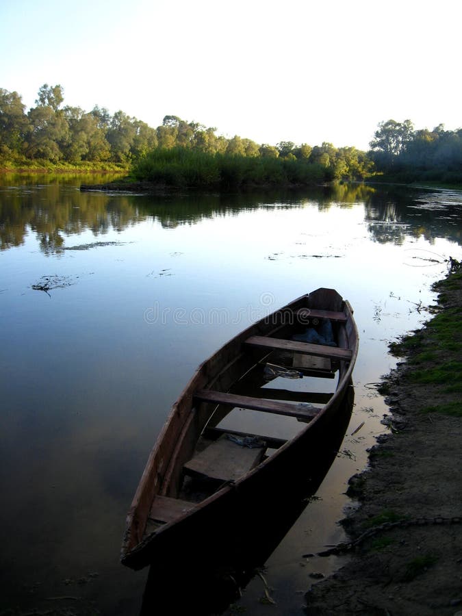 Landscape with River and Boat in the Evening Stock Photo - Image of ...