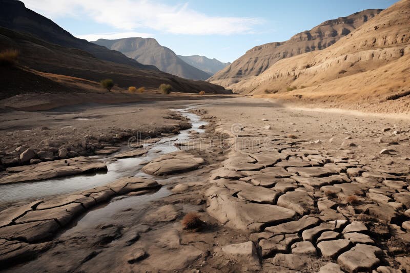 Landscape with River and Dry Land. Parched Riverbed and Water Scarcity ...