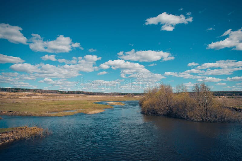 Landscape the River and a Field Stock Image - Image of water, river ...