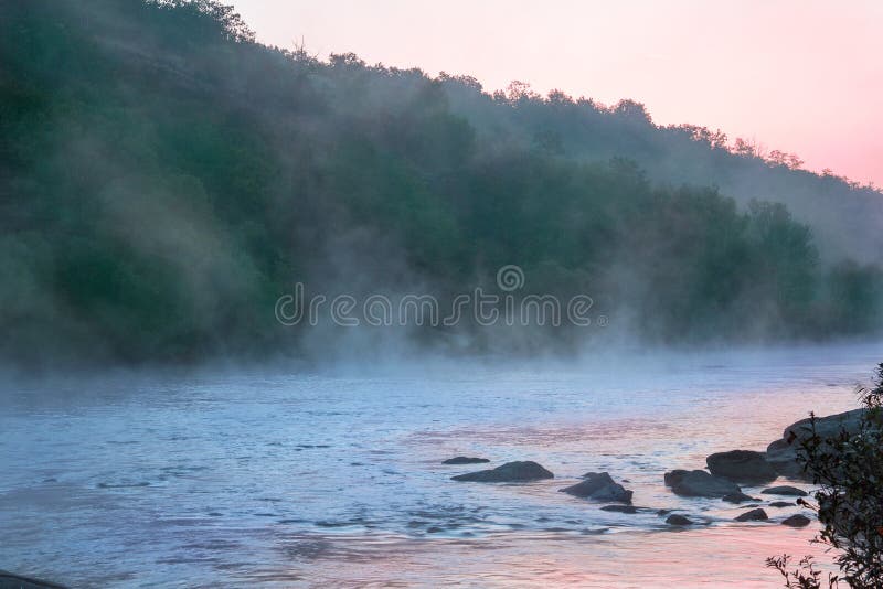 Landscape of River with Mist and Mountains with Trees and Reflection ...