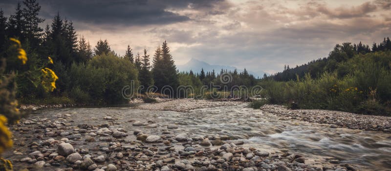 Landscape with River and Mountain Stock Photo - Image of peak, scenery ...