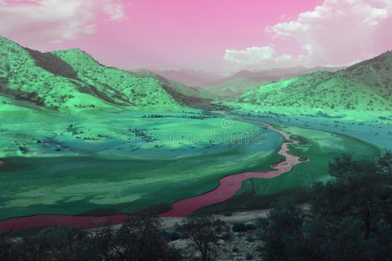 Landscape with River, Mountains and Sky. Digital Painting Effect Stock ...