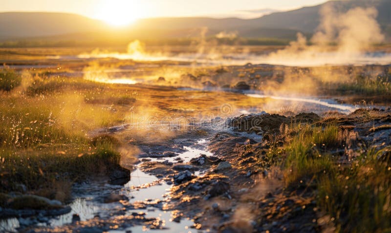 Landscape with River in the Mountains and Steam Over the Grass Stock ...