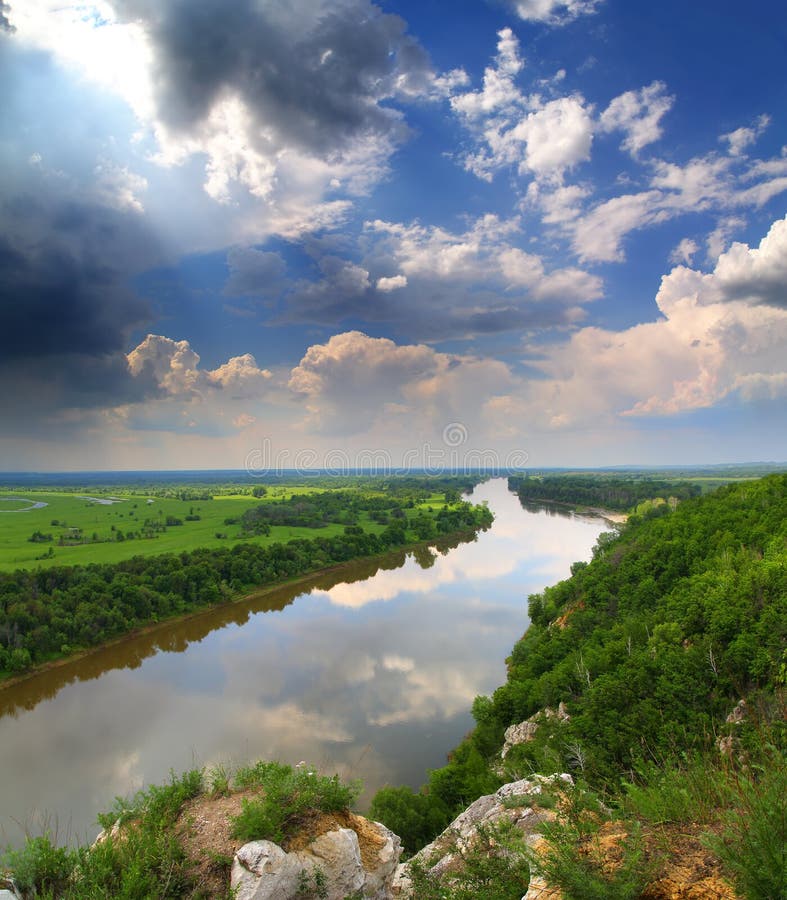 Landscape with River and Rain on Horizon Stock Photo - Image of dark ...