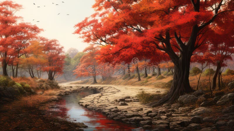 Landscape with River and Red Maple Trees in Autumn Created with ...
