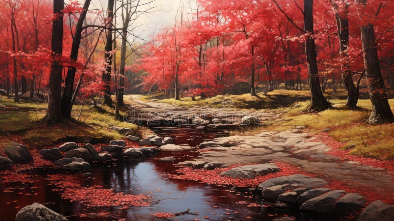 Landscape with River and Red Maple Trees in Autumn Created with ...