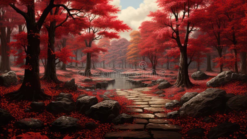 Landscape with River and Red Maple Trees in Autumn Created with ...