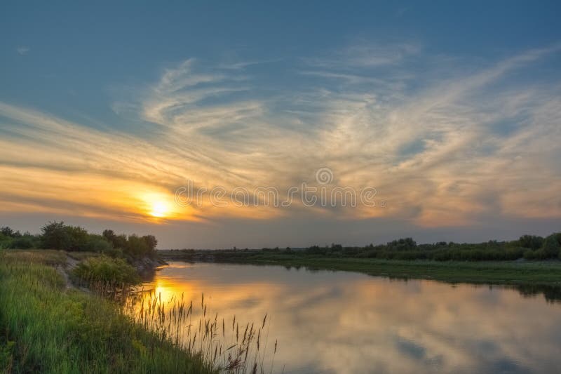 Summer Landscape with Sunset and River Outdoors Stock Image - Image of ...
