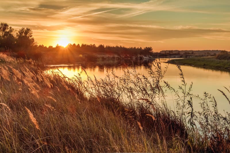Landscape with the River and the Sunset Over the River in the Co Stock ...