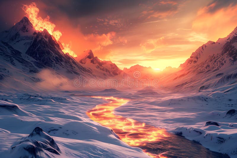 A Landscape with Rivers of Fire Flowing through Snowy Mountains. Stock ...