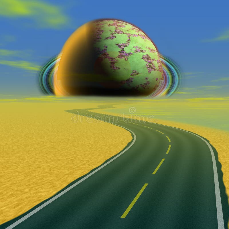 Landscape with Road and Alien Celestial Body Approaching the Earth ...