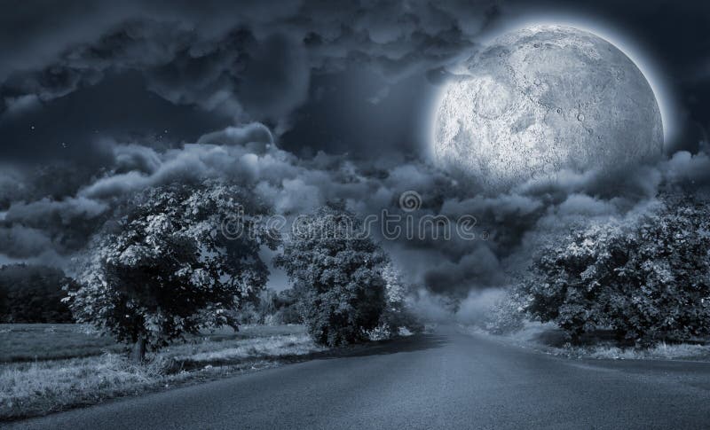 Landscape of a Road between Trees in Front of the Moon Stock Photo ...