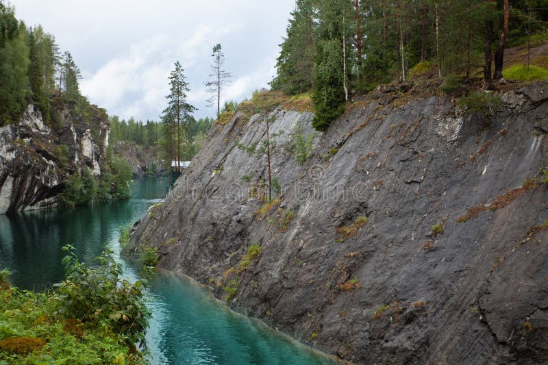 Landscape of Rock Cliff, Trees and Mountain River Stock Photo - Image ...