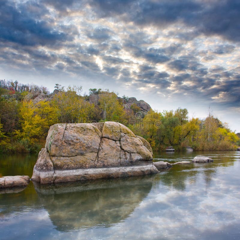 Landscape with Rock on River Stock Image - Image of rain, reflection ...
