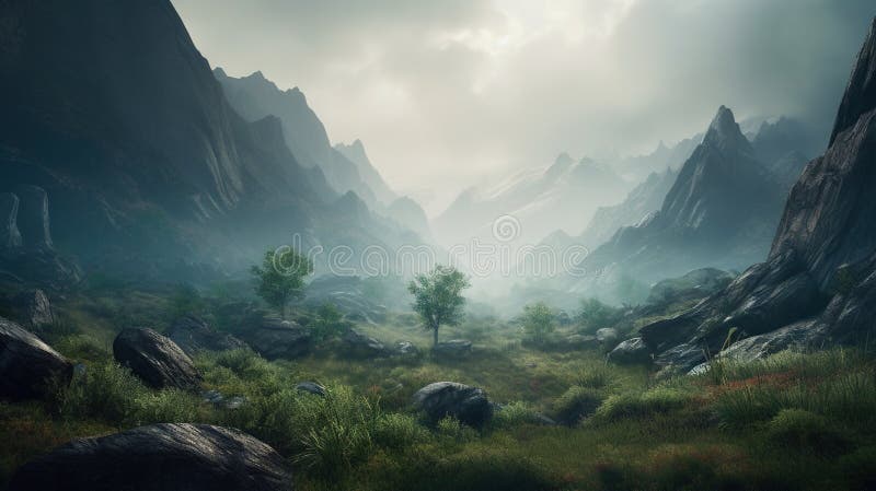 A Landscape with Rocks, Grass, and a Tree in the Foreground Stock ...