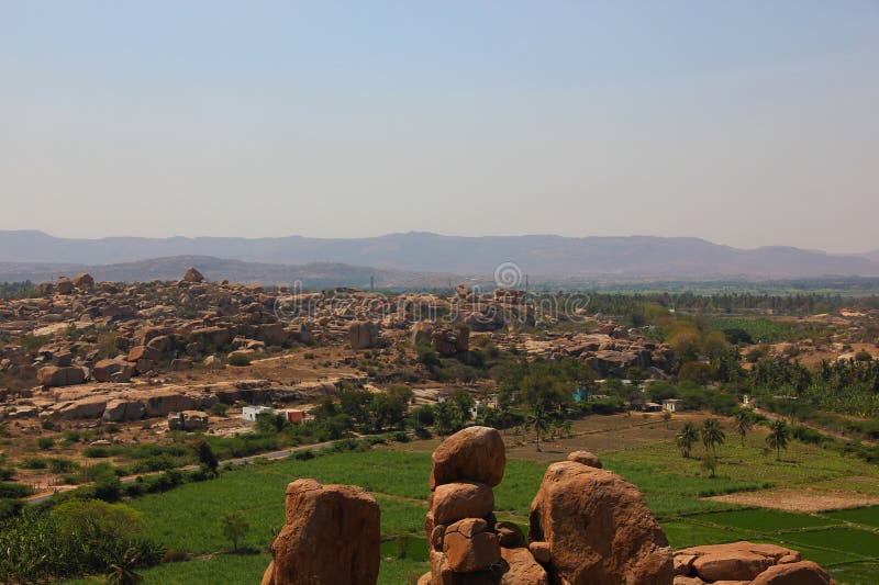 Landscape of Rocks and Green Fields in Hampi Stock Photo - Image of ...