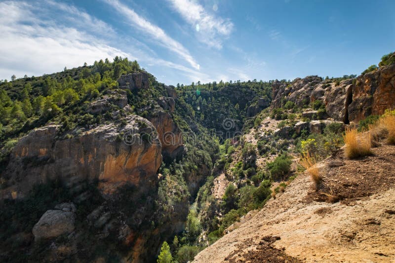 Landscape of Rocky Cliffside Path Overlooking Lush Green Valley with ...