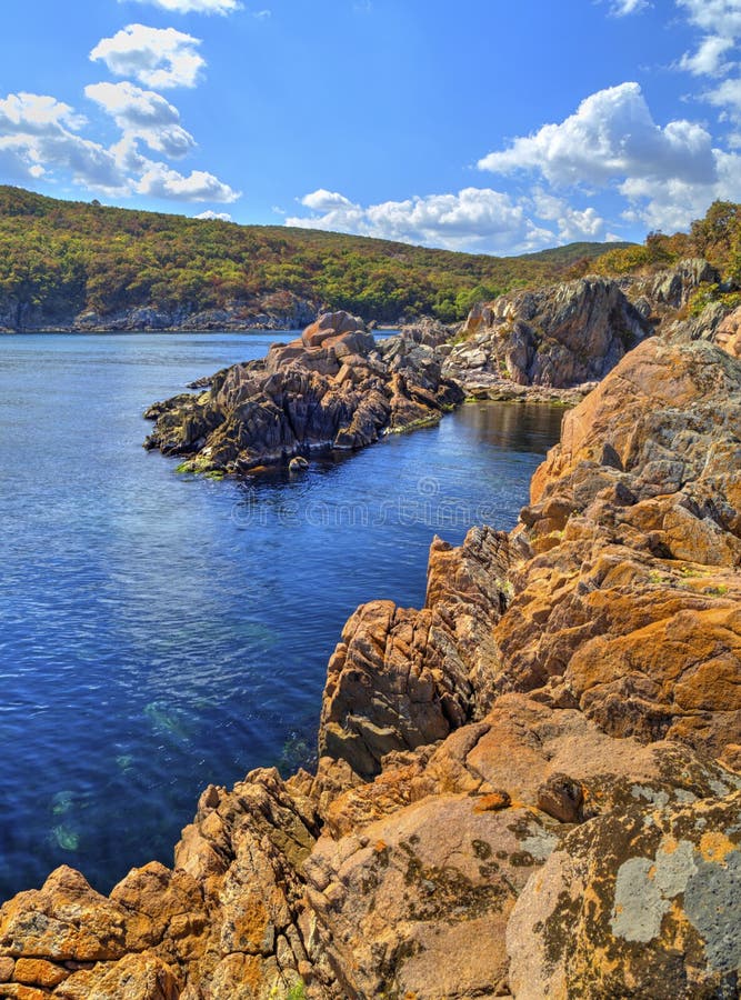 Landscape on rocky shore stock photo. Image of landmark - 124535974