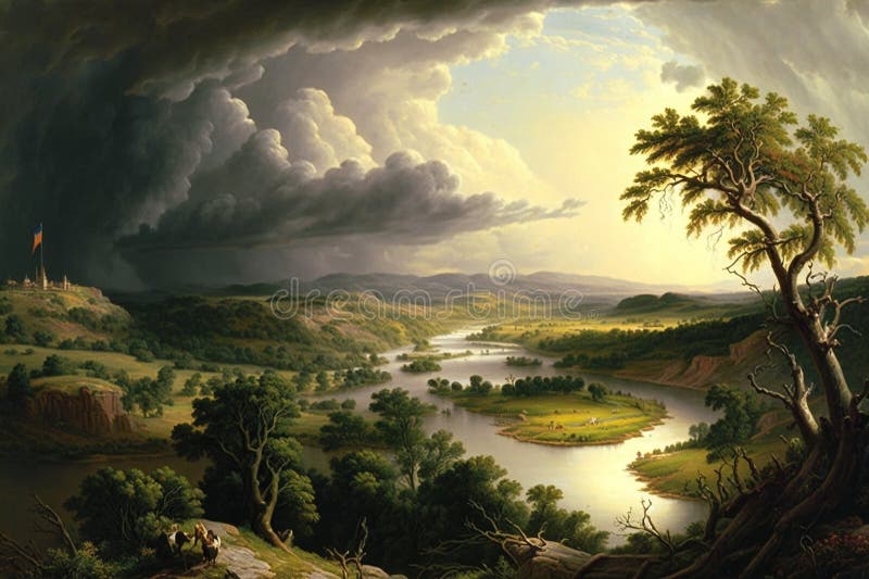 A Landscape of a Rolling Countryside with a Picturesque River, Lush ...