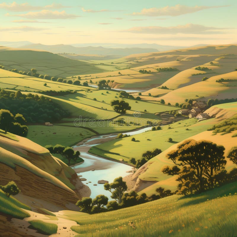 Landscape of Rolling Hills and the River. 3d Illustration Stock ...