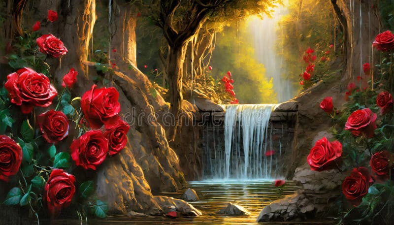 Rose Flowers and a Waterfall in Front of an Arch. AI Stock Illustration ...