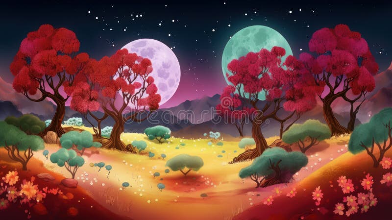 Landscape of Ruby Trees and Sapphire Flowers. Beautiful Illustration ...