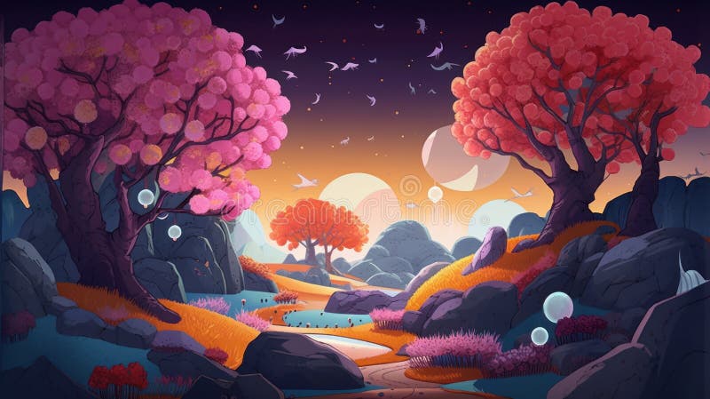 Landscape of Ruby Trees and Sapphire Flowers. Beautiful Illustration ...