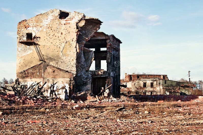 Landscape of Ruined Buildings at Sunset, Image of Decrepitude or ...