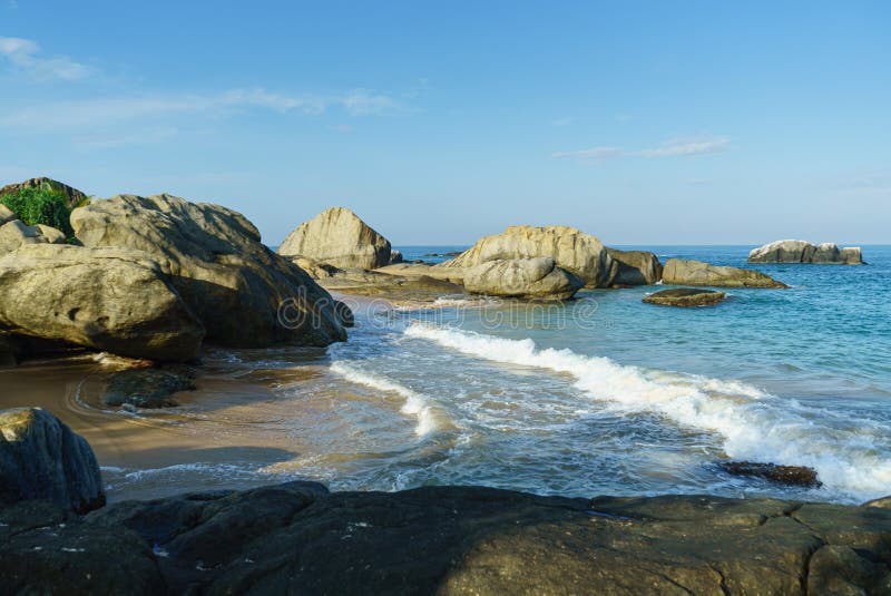 Landscape Sandy Bay among the Rocks Stock Image - Image of holiday ...