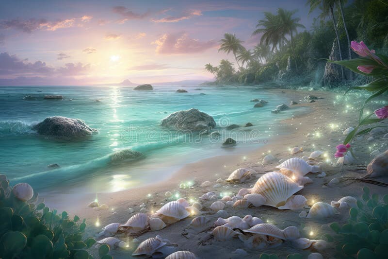 Landscape on Sandy Beach with Shells, Pearls from Generative Ai Stock ...