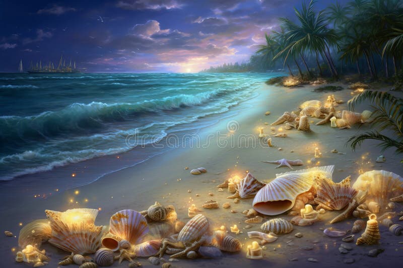 Landscape on Sandy Beach with Shells, Pearls from Generative Ai Stock ...