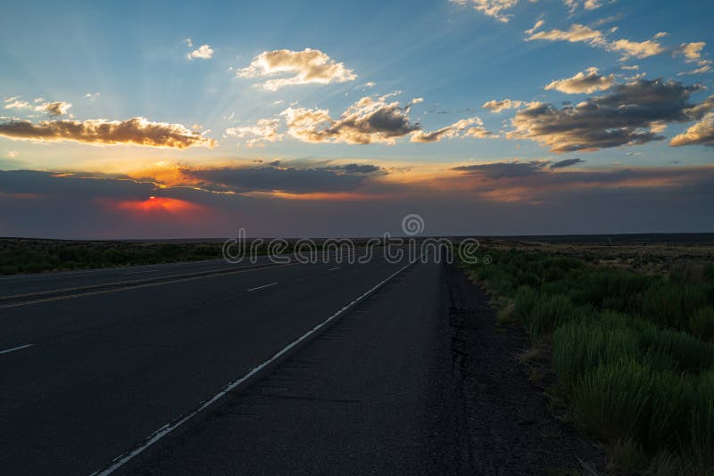 Landscape Scene and Sunrise Above Road. Highway Road. Stock Photo ...