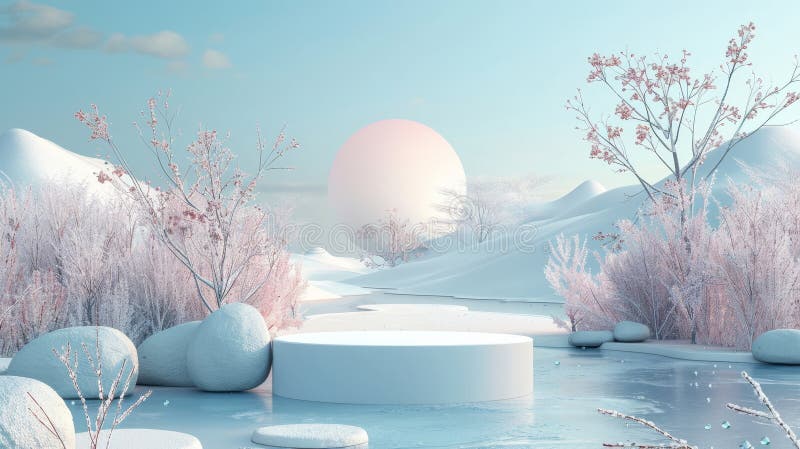 Landscape Scene in Winter with Podium for Product Display. 3D Rendering ...