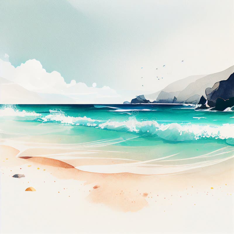 Landscape Sea and Beach Drawing Watercolor Generative AI Stock ...