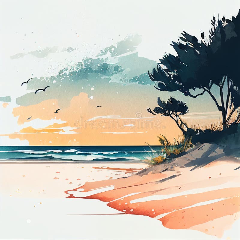 Landscape Sea and Beach Drawing Watercolor Generative AI Stock ...