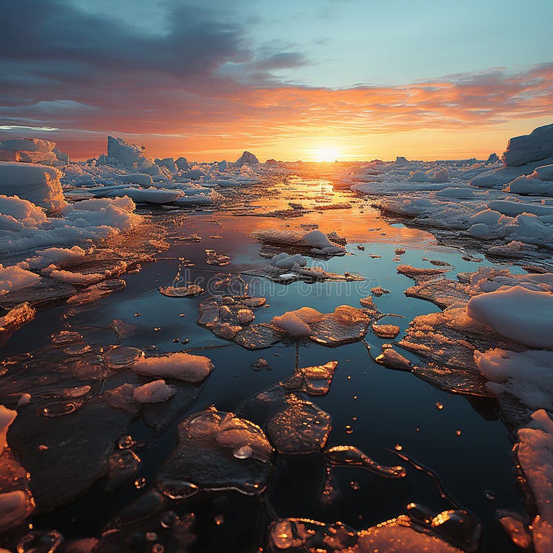 Landscape, Sea Ice during Sunset Stock Illustration - Illustration of ...