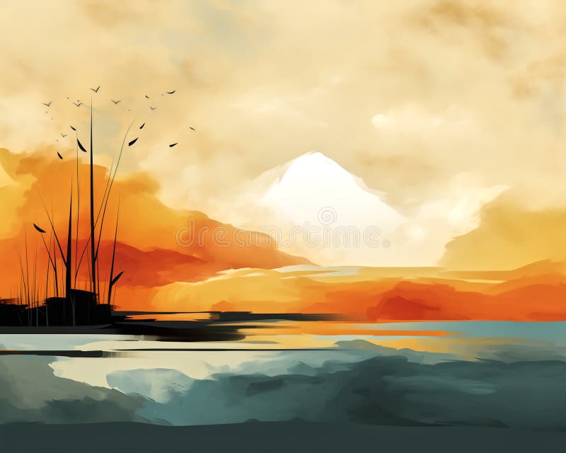 Landscape Serenity, Abstract Illustration, Sunset Serenity Stock ...