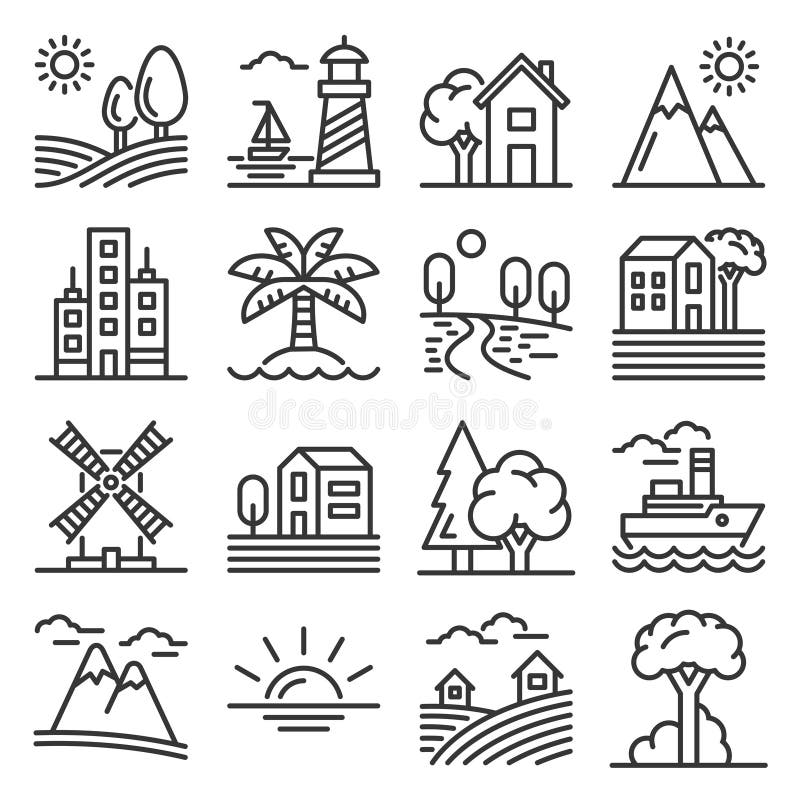Landscape Set. Hill, Field and Trees Icons Stock Vector - Illustration ...