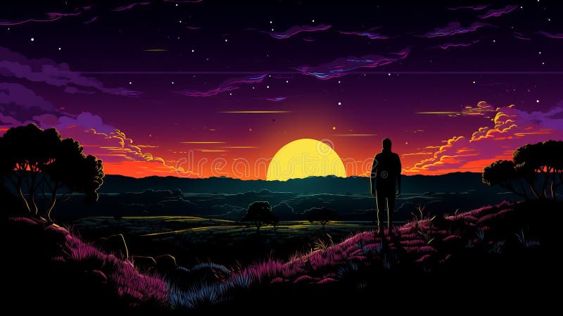 Psychedelic Sunset: a Romantic Landscape in Neogeo Style Stock ...