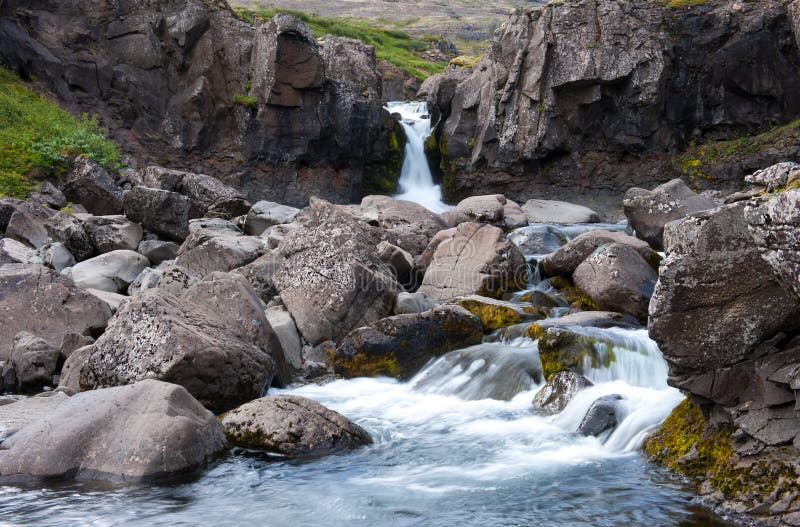 Landscape with Small Waterfall, River with Clear Water and Rocks ...