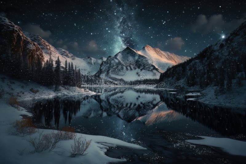Landscape with Snowy Mountains, River and the Milky Way Stock ...