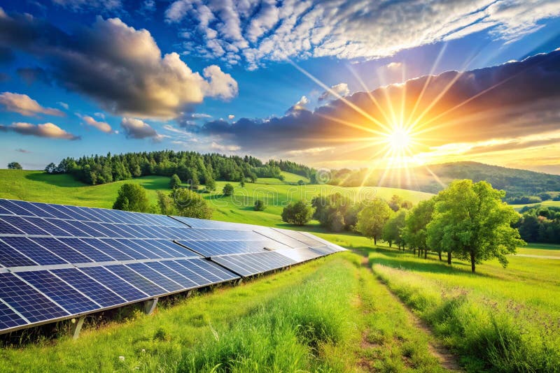 Landscape with Solar Energy Field and Solar Panels on a Sunny Day Stock ...