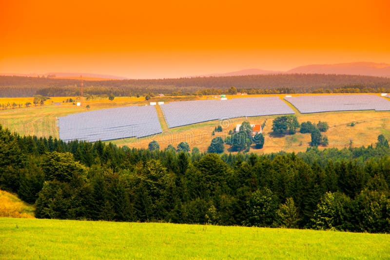 Landscape with Solar Power Plant Panel Field. Clear Energy and ...