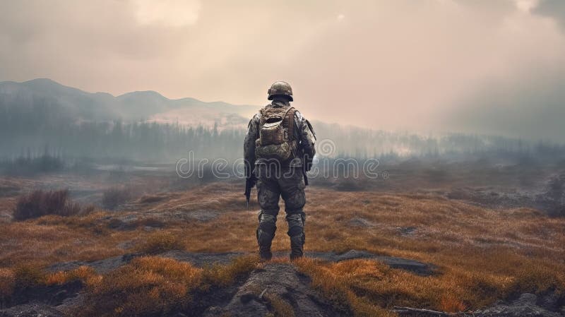 Landscape with a Soldier Back View. Generative AI Stock Illustration ...