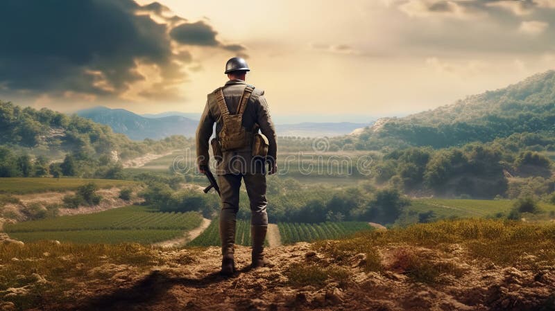 Landscape with a Soldier Back View. Generative AI Stock Illustration ...