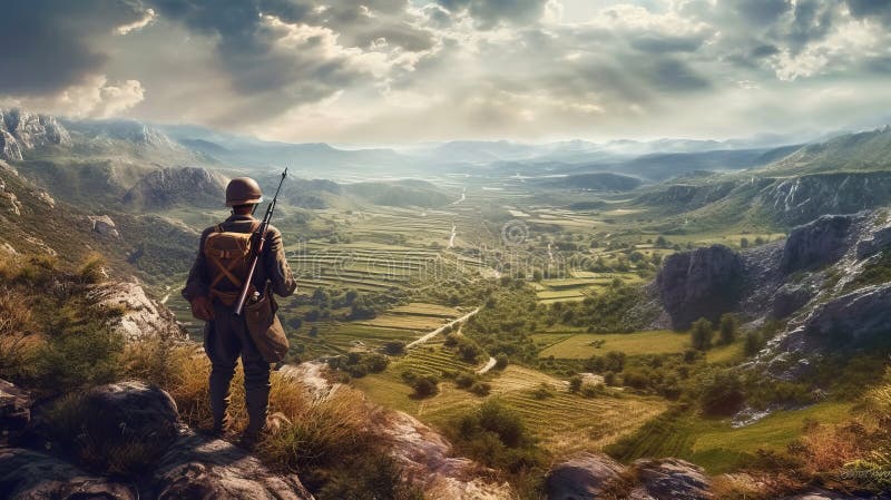 Landscape with a Soldier Back View. Generative AI Stock Illustration ...