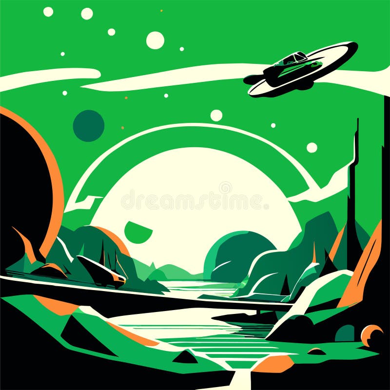 Landscape with a Spaceship Flying in the Sky. Vector Illustration Stock ...