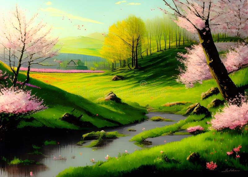Landscape Spring, Generative AI Illustration Stock Illustration ...