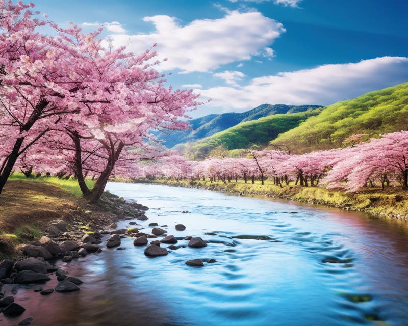 Landscape in Spring Scenery of River and Sakura. Stock Illustration ...